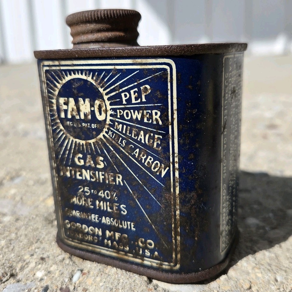 VINTAGE Fam-O Motor Oil Can Additive Gas Intensifier Tin Metal Empty ...