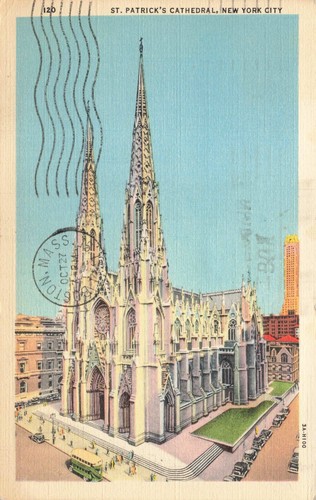 Postcard NYC St Patrick's Cathedral Church Spires Double-decker Bus ...