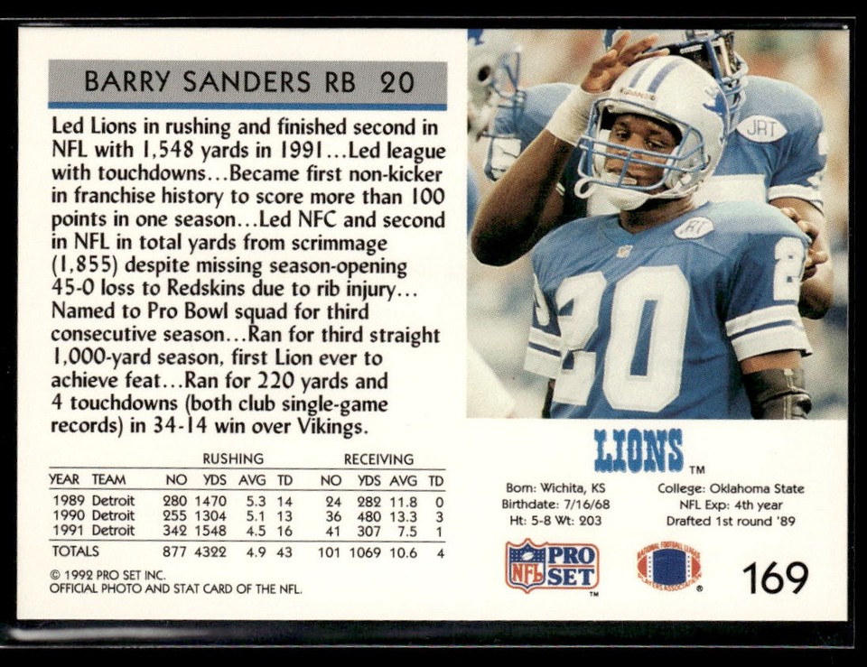 1992 Pro Set #169 Barry Sanders Lions Football Card 3602K | eBay UK