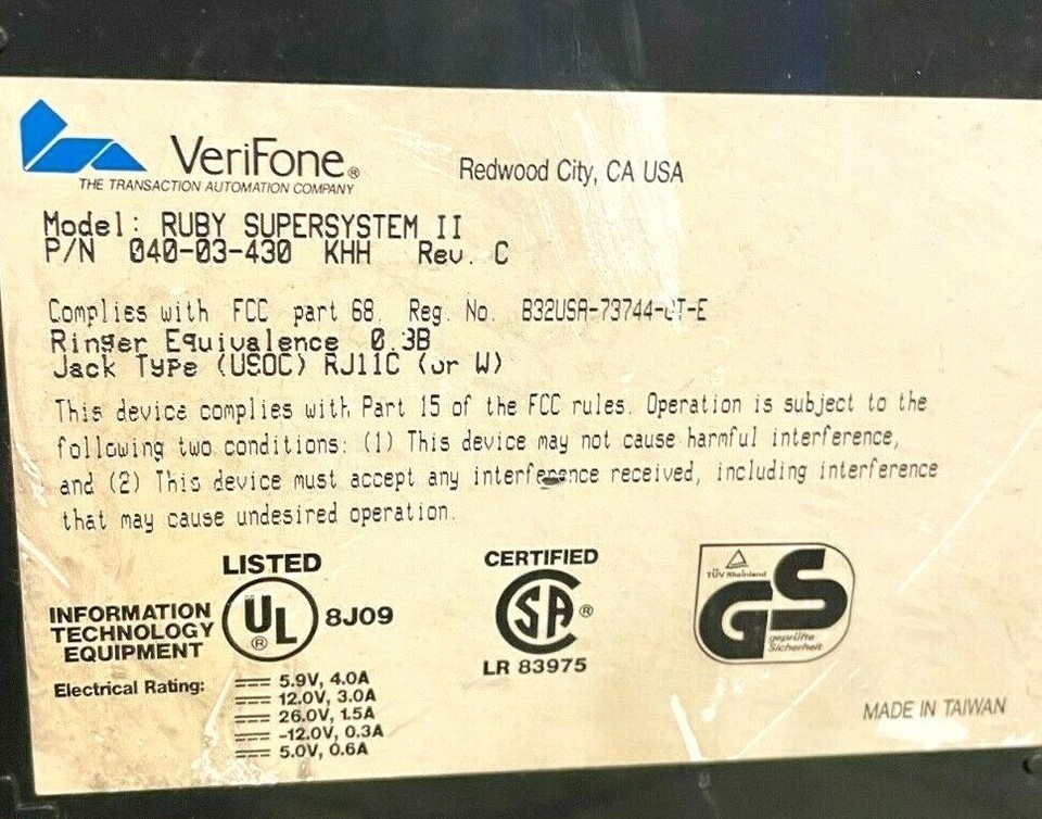 VERIFONE "RUBY"GEMSTONE SUPERSYSTEM II~P/N 040-03-430~POS CASH REGISTER ...