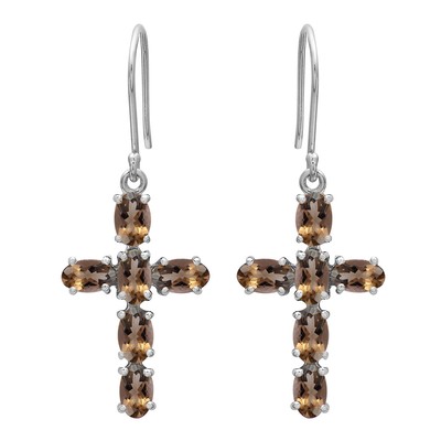 Cross Earrings Oval Smoky Quartz Religious Women Earrings 925 Sterling ...