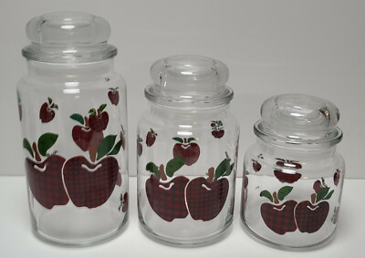 3 Glass Canisters / Apothecary Jars "Applejack Pattern" Sealed Lids by ...