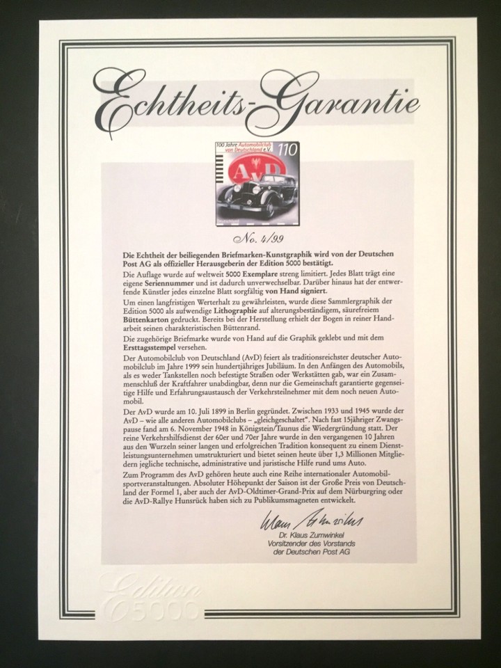 BRD KUNST-GRAPHIK 1999/4 HANDSIGNIERT !! AUTO AVD MAYBACH OLDTIMER CARS ...