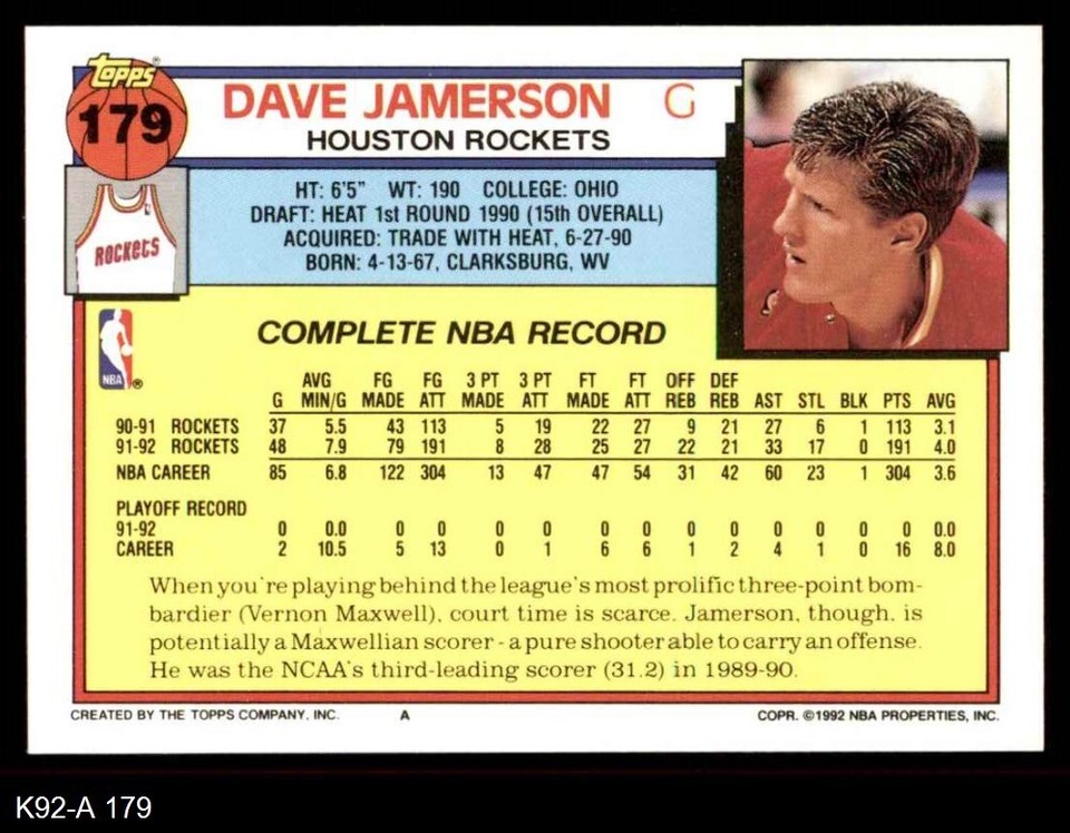1992 Topps #179 Dave Jamerson Rockets Ohio University 8 - NM/MT | eBay