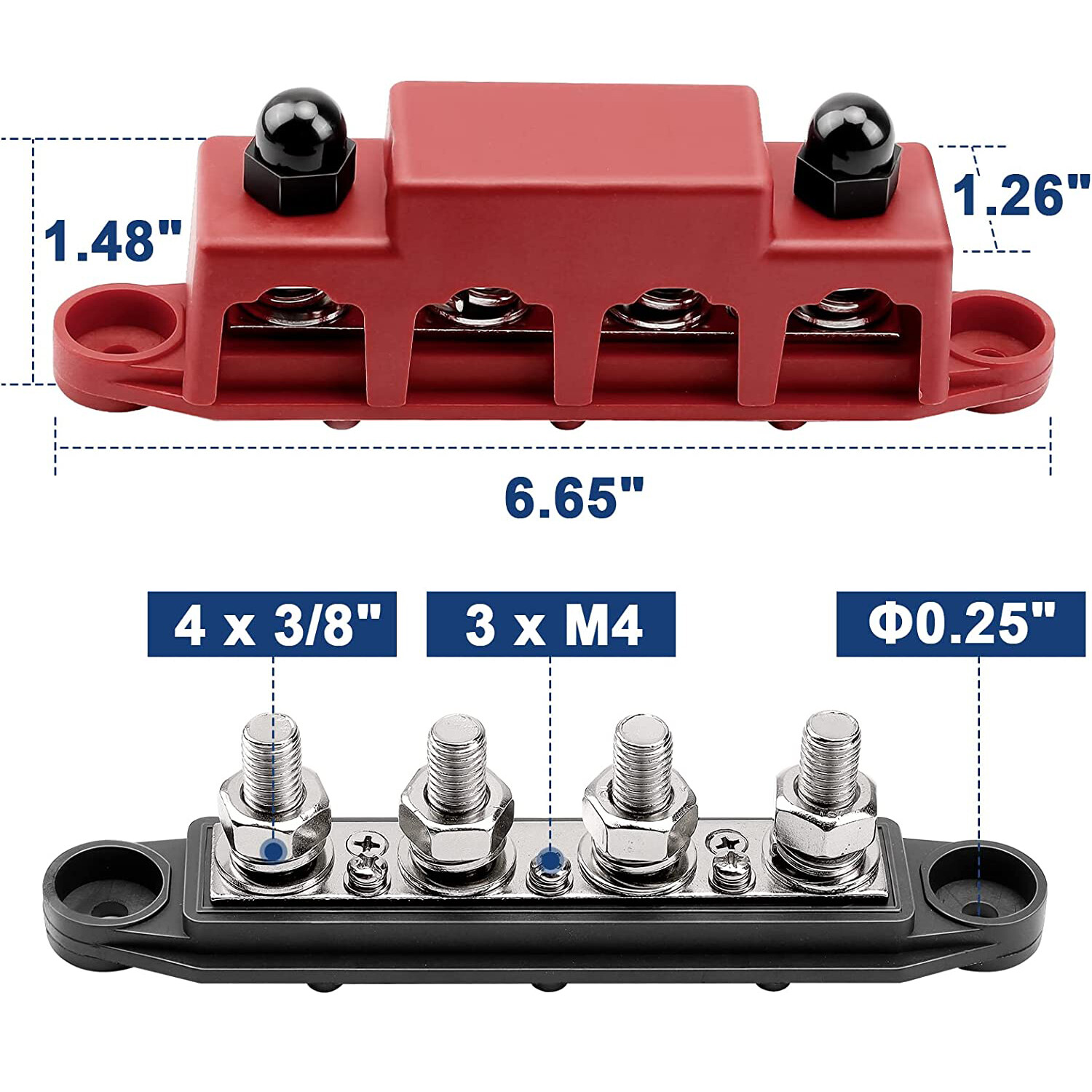 2x 12V 250A 4 Post Busbar Bus Bar Power Distribution 4 x M10 Red and ...