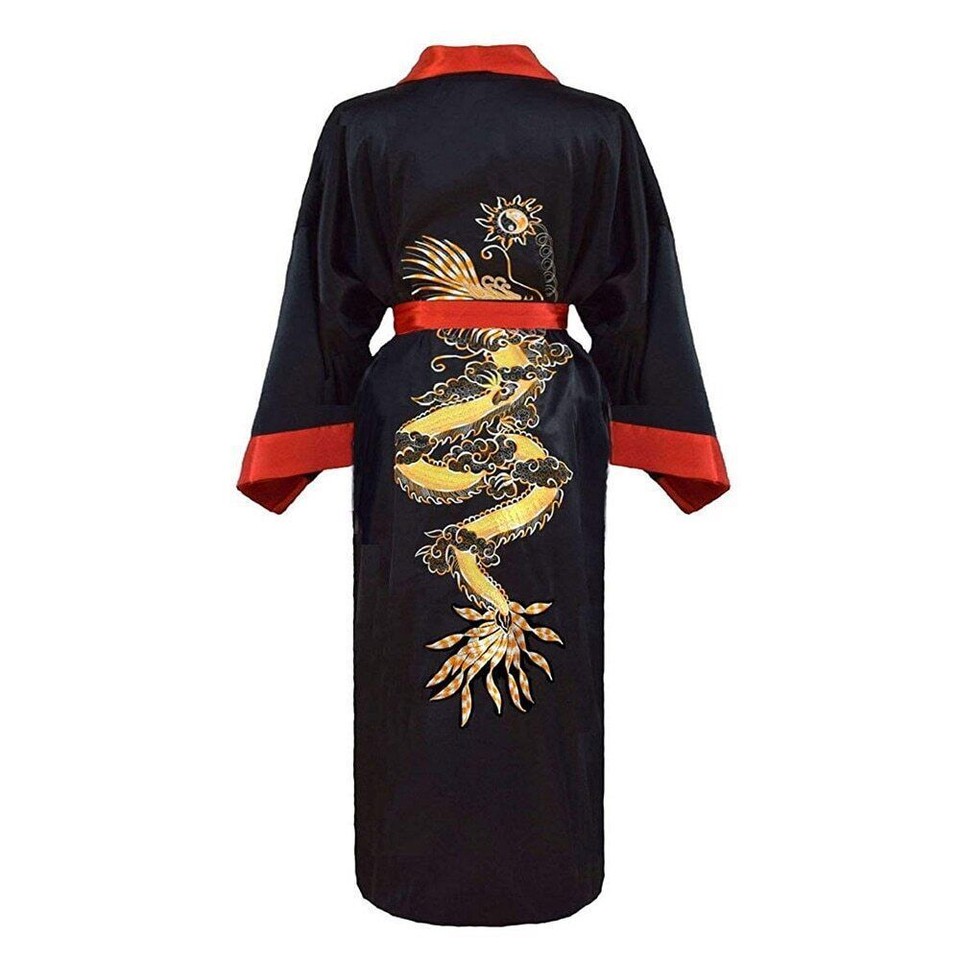 Men's double-sided satin robe embroidered dragon kimono bathrobe ...