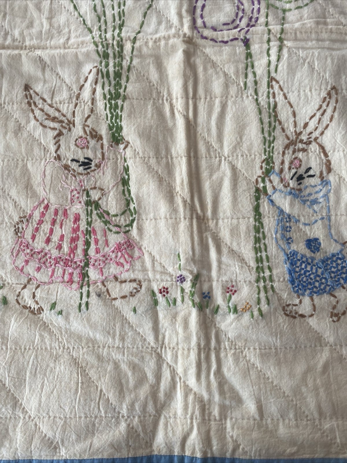 Vintage Baby Quilt Easter Bunny Rabbit Embroidered Hand Stitched | eBay