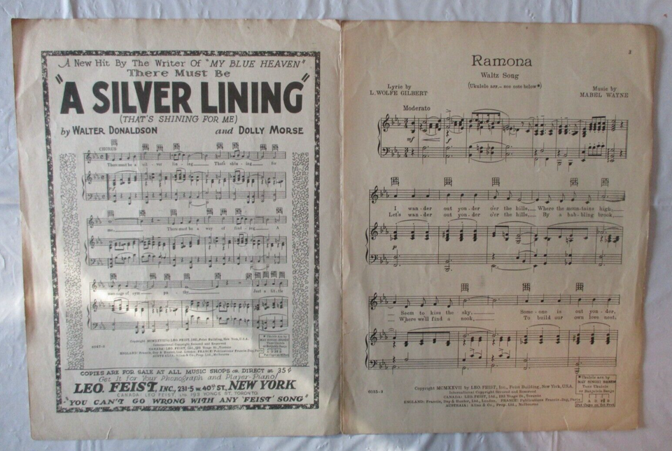Ramona Sheet Music Dolores Del Rio Photoplay United Artists 1928 Waltz ...
