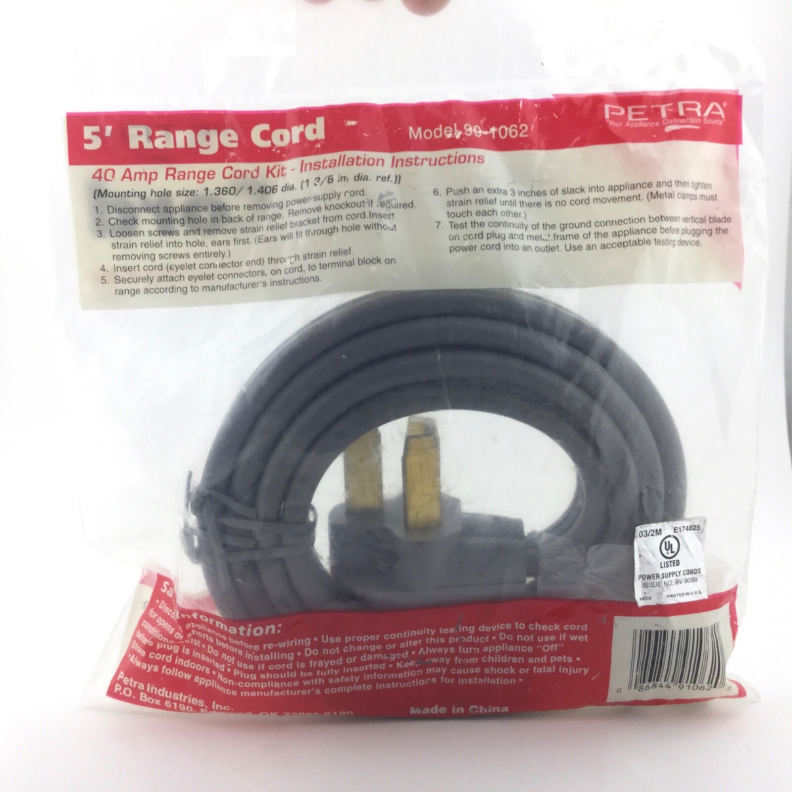 Certified Appliance 90-1062 3-wire Range Cord 5ft 40a for sale online ...