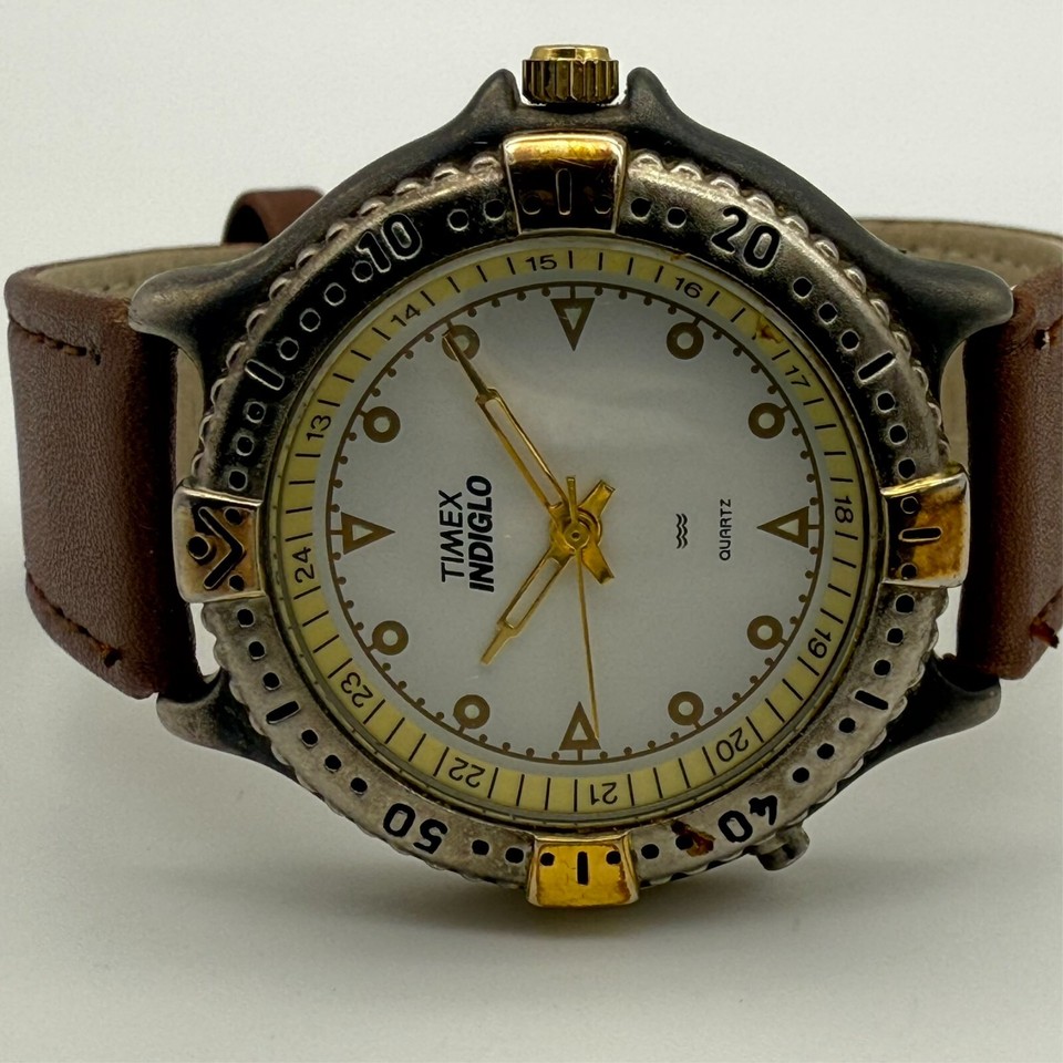 Vintage 1993 Unisex TIMEX Two-Tone Classic Quartz Watch, Brown Leather ...