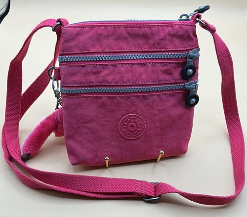 A Cute Bright Pink 3 Zip Nylon Kipling Crossbody Handbag With Monkey | eBay