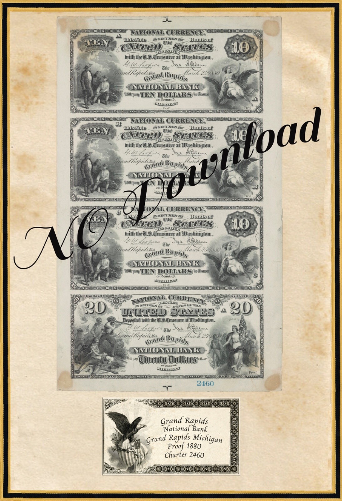Designed 1880 Proof $10-$20 The First National Bank Grand Rapids ...
