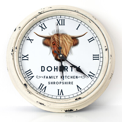 Personalised Kitchen Wall Clock Highland Cow Family Name Round Glass ...