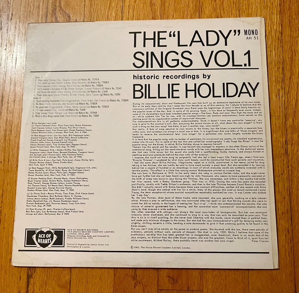 BILLIE HOLIDAY - THE LADY SINGS Vol. 1 - 1963 Vinyl - AH 51 Ace of ...