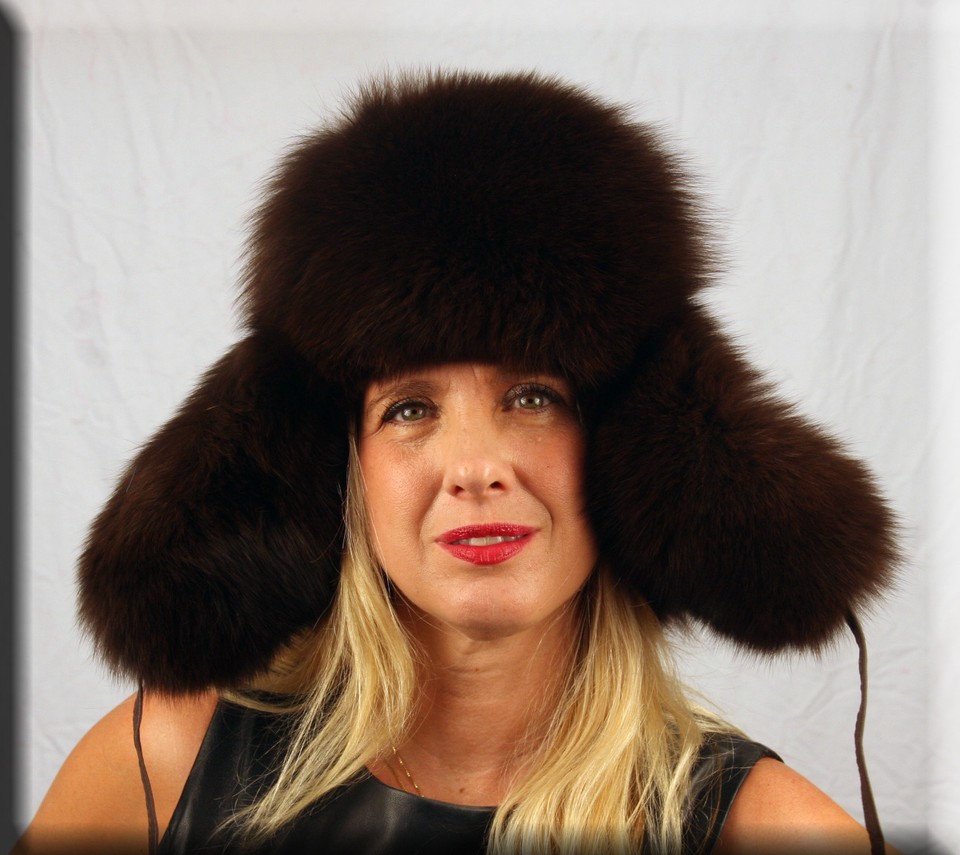 New Chocolate Brown Lambskin Leather Trooper Hat Brown Fox Fur Trim ...