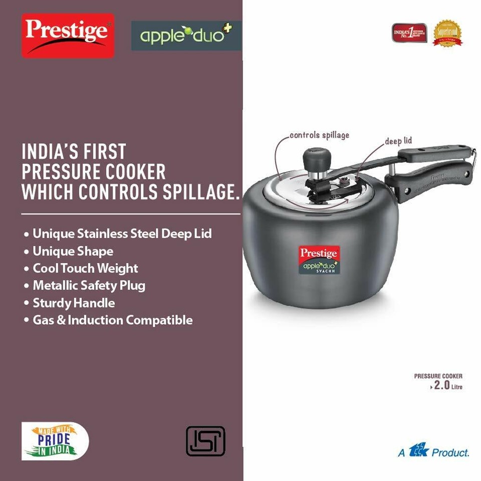 Prestige Apple DUO Plus Svachh Hard Anodized 2 Liter Pressure Cooker ...