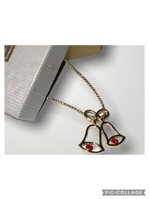 Avon Gold Christmas Bells With Red Jewel Clapper 16” Necklace New In ...