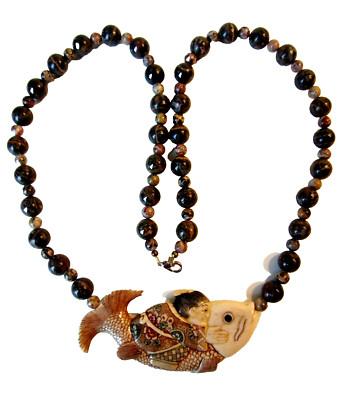 Vintage Japanese Style Boy on Fish Netsuke-like Jasper Beads Necklace ...