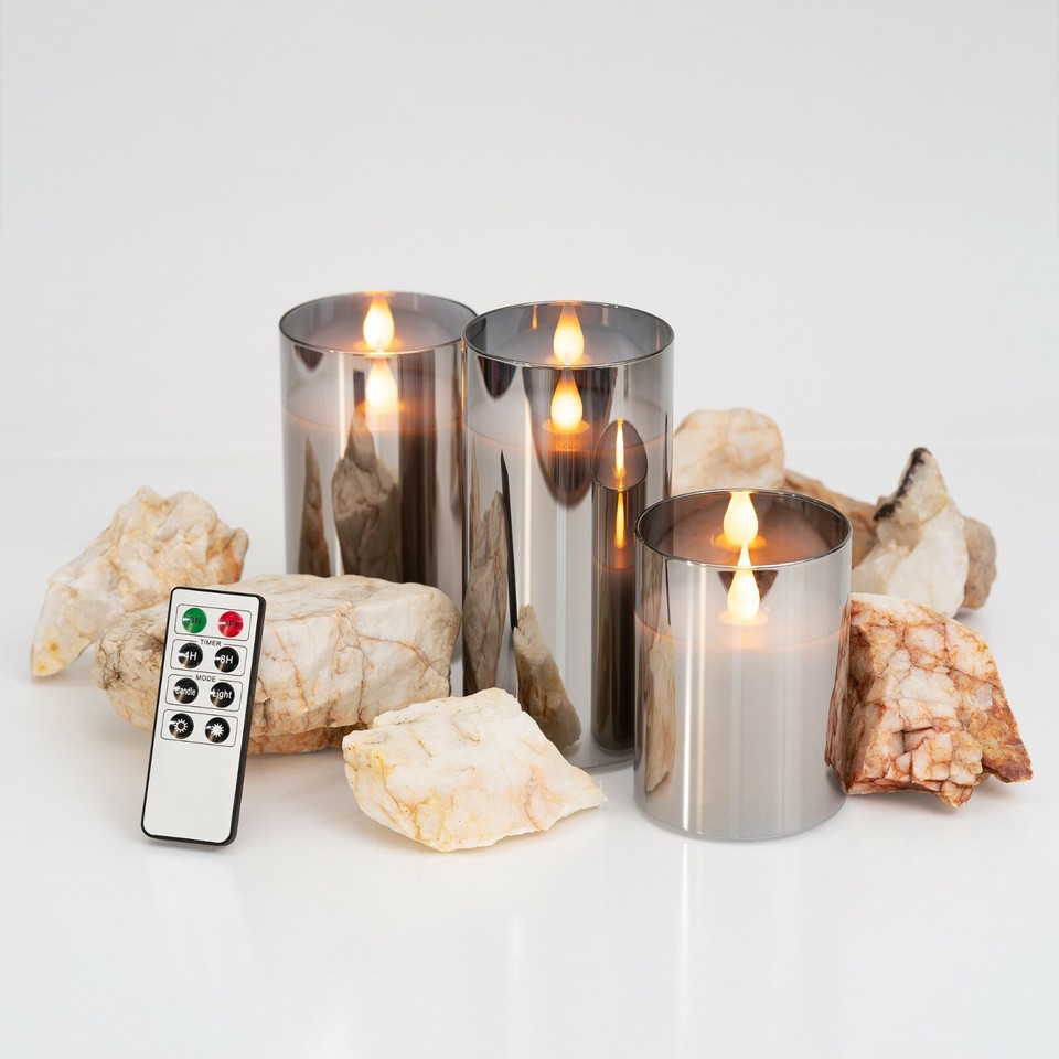 Metallic Mirrored Glass Flicker LED Flameless Candle 3-Pack 4" 5" 6" w ...