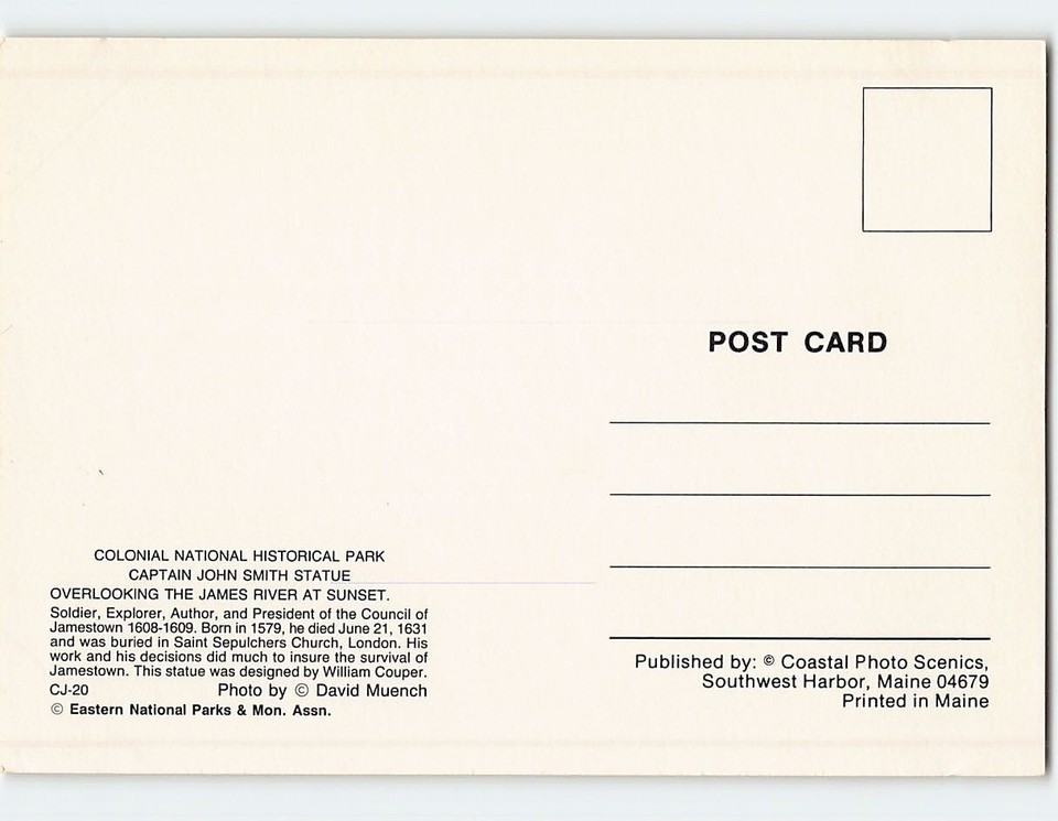 Postcard Sunset Scene Capt. John Smith Statue Jamestown Virginia USA | eBay