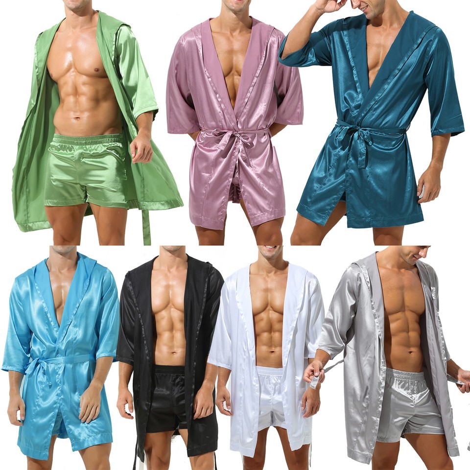 Men Satin Kimono Robes Classic Silky Bathrobe Open Front Hooded Robes ...