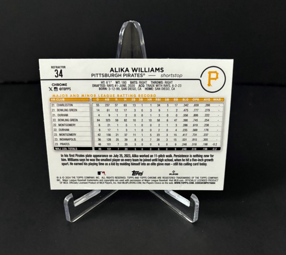 2024 Topps Chrome Alika Williams Refractor Rookie Pittsburgh Pirates ...