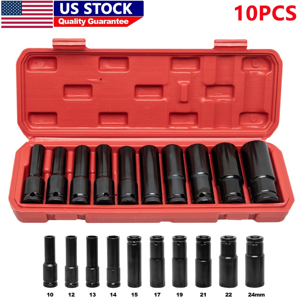 10pcs Metric Deep Impact Socket 1/2" Drive 10mm-24mm 6-Point Sockets w ...