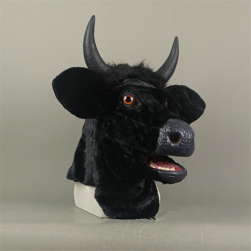 Movable Mouth Black Cow Head Helmet Halloween Cosplay Mask Latex Full ...