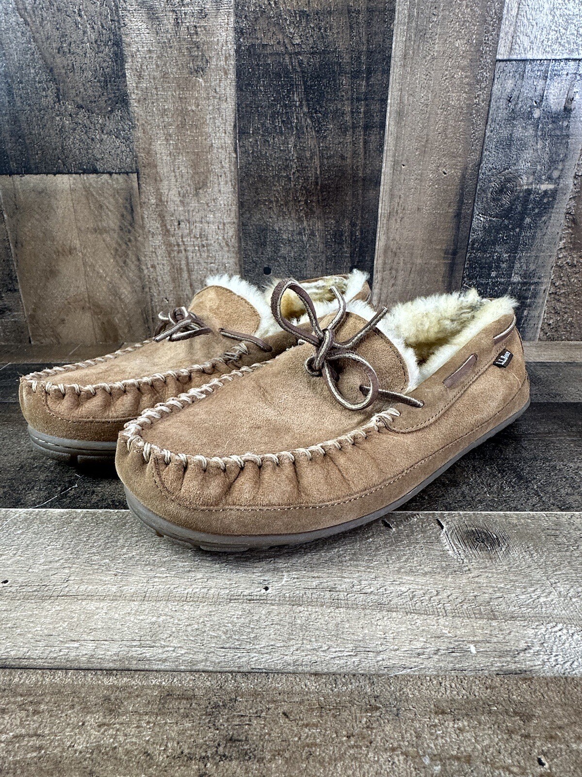 LL BEAN Men's Brown Suede Wicked Good Shearling Moccasins Slippers Size ...