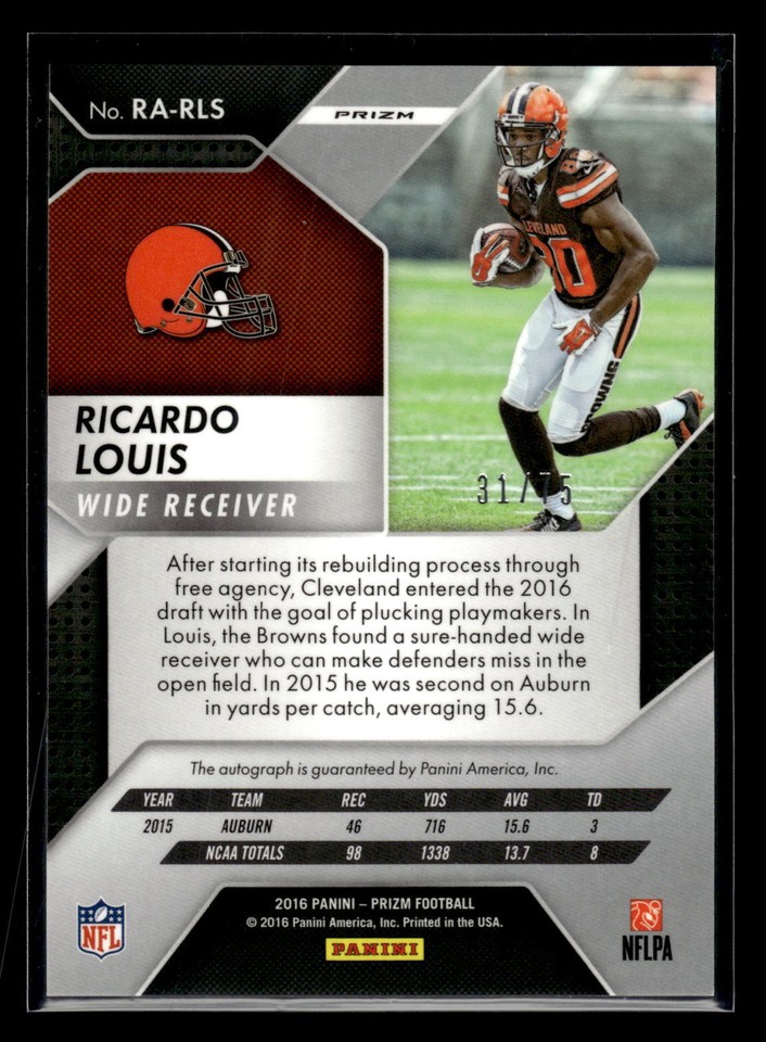 2016 Panini Prizm #RA-RLS Ricardo Louis 31/75 Rookie Auto Red Crystals ...