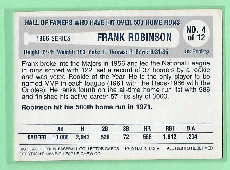 1986 Big League Chew Baseball Frank Robinson HOF Home Run Legends #4 ...