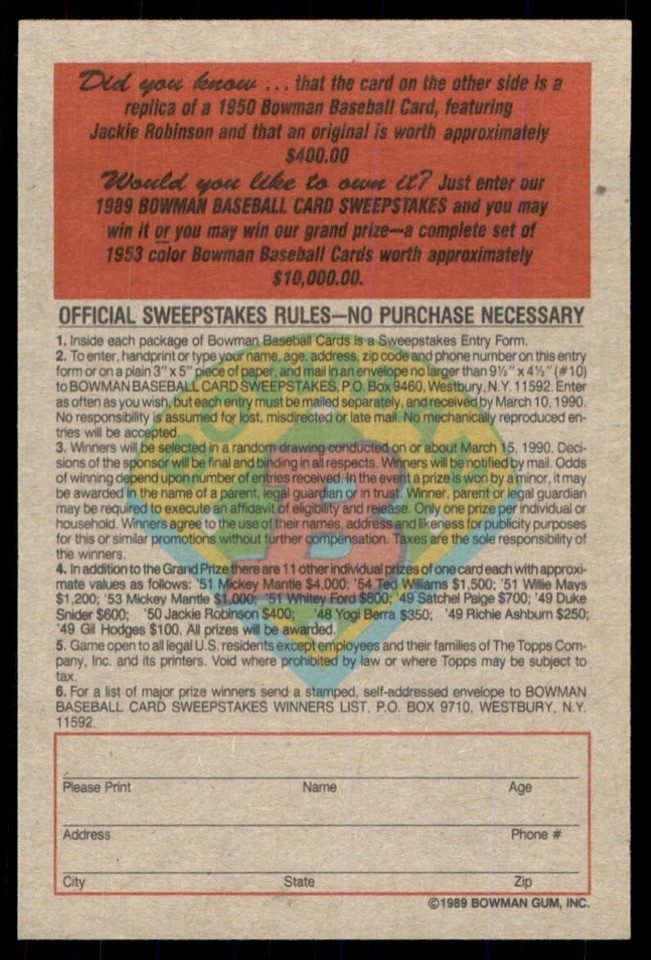 Jackie Robinson 1989 Bowman Reprint Inserts Card# NNO | eBay