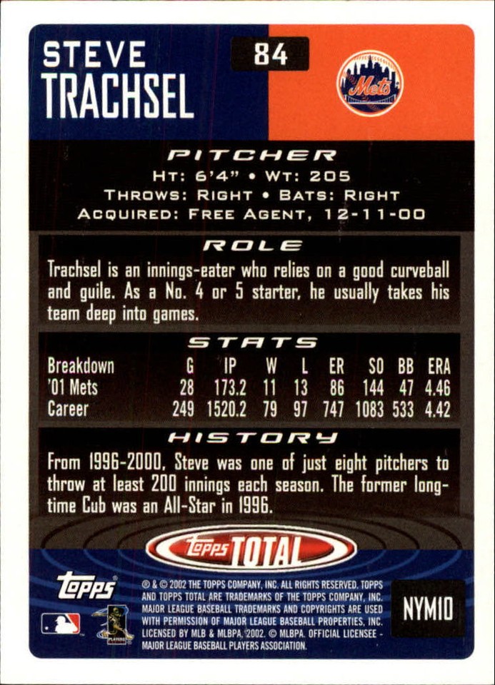 2002 Topps Total New York Mets Baseball Card #84 Steve Trachsel | eBay