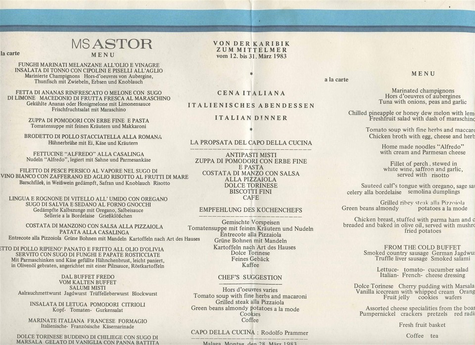 M S Astor Menu 1983 Als Ester Kam der Hahn Cover Chaine des Rotisseurs ...
