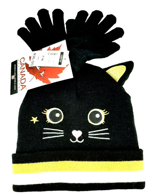 CAT Girls Winter Knit Hat Gloves Set Canada Weather Beanie Glitter Ears ...
