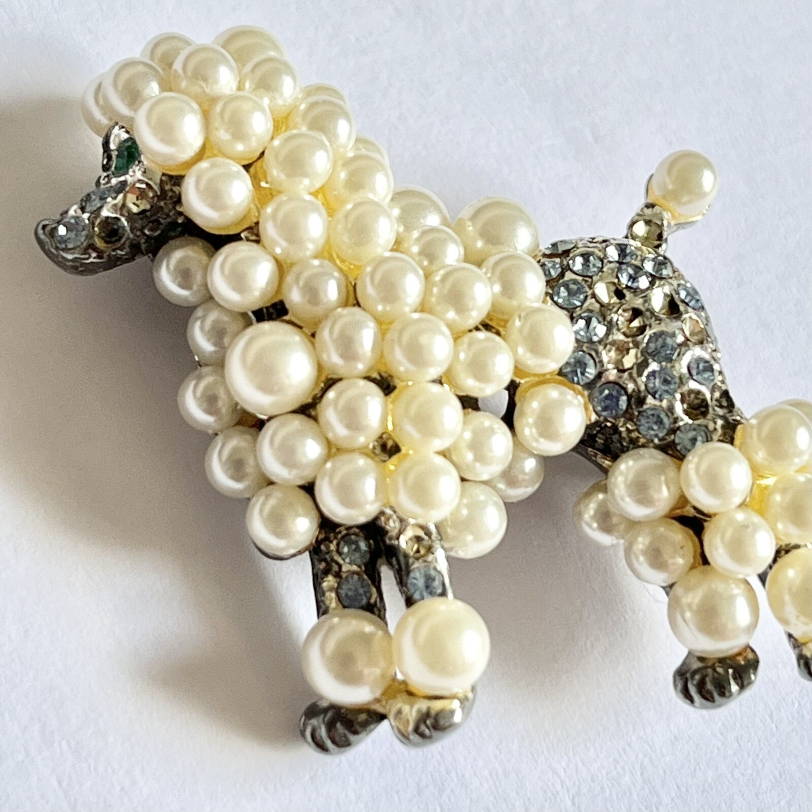 Vintage Pearl Poodle Dog Brooch Pin Pot Metal Silver Tone 50s Crystal ...