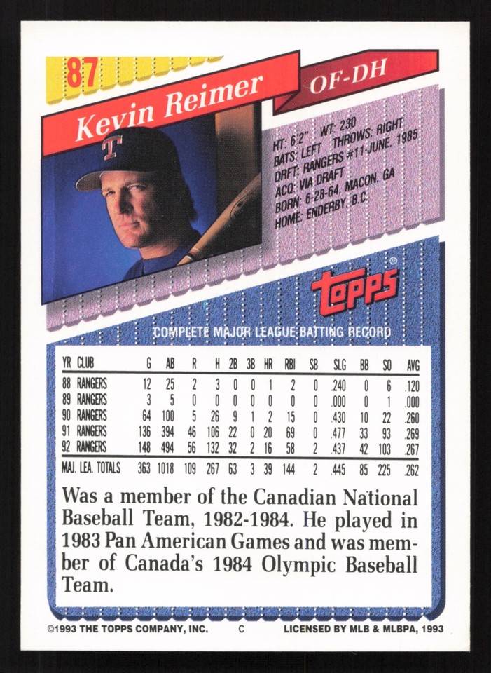 1993 Topps #87 Kevin Reimer GOLD Texas Rangers | eBay