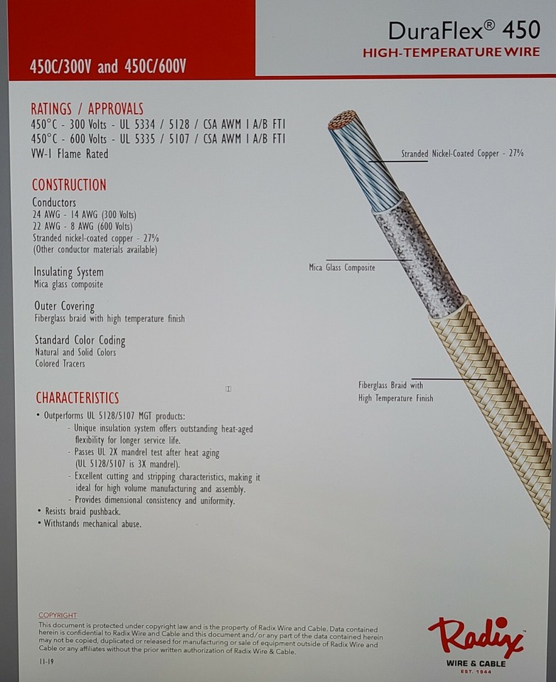 Radix Wire #18awg DuraFlex 450 Mica Glass High Temperature 450C/600V ...