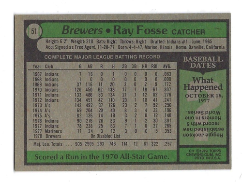 Ray Fosse #51 Milwaukee Brewers Catcher 1979 Topps Baseball Sports Card ...