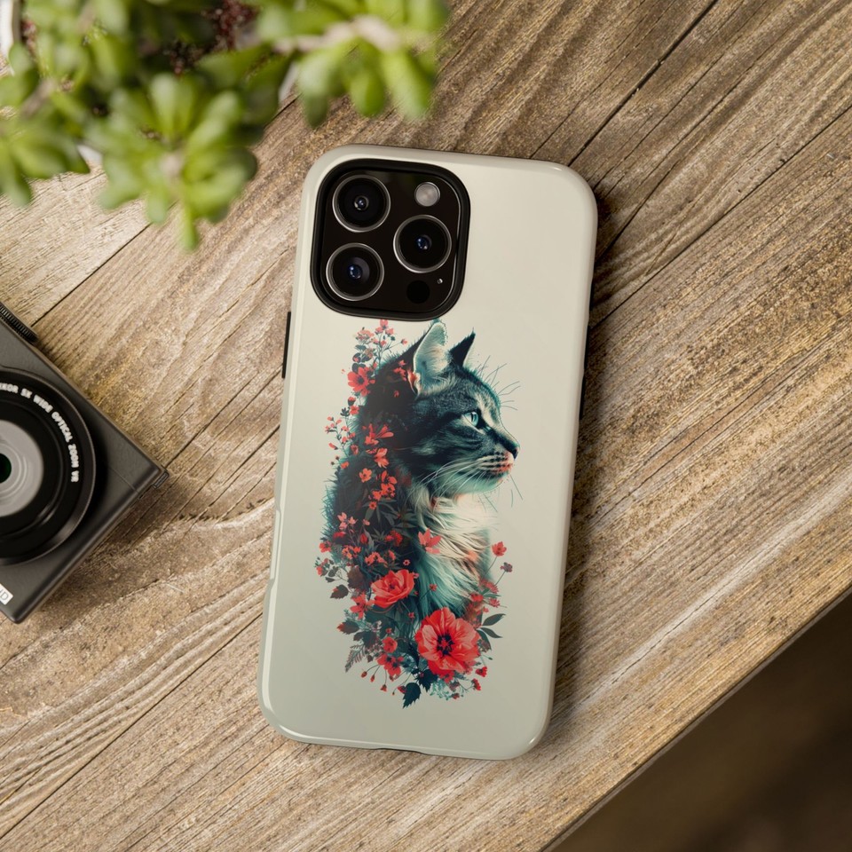 For iPhone, Samsung, Pixel | Phone Ink Case - Tabby Cat Red Flower ...