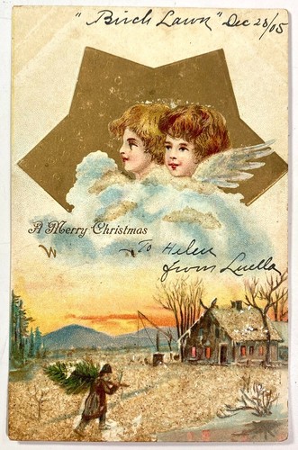 Christmas Postcard Glass Glitter 1905 Angels Man with Tree | eBay