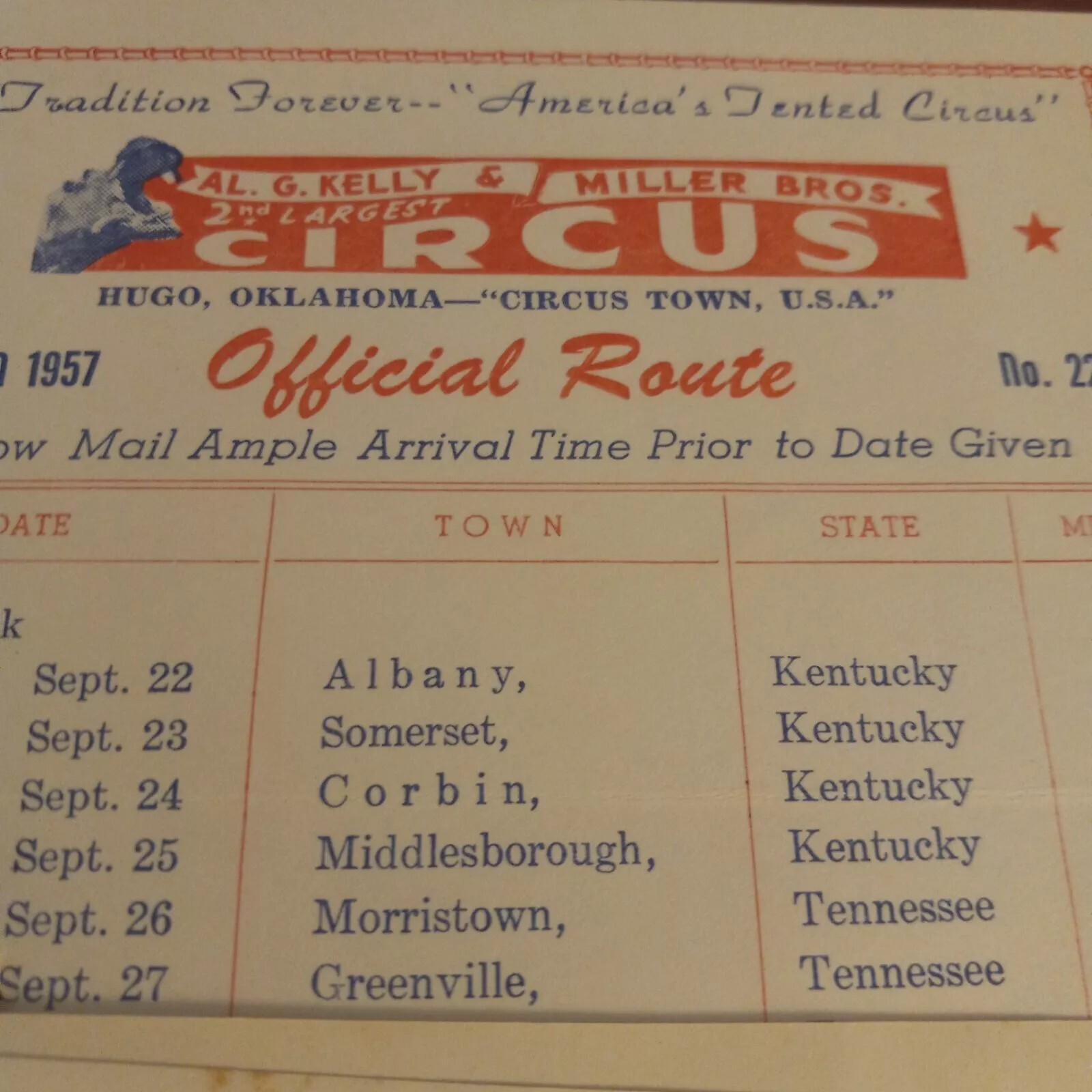 Al G. Kelly & Miller Brothers Circus Route Cards / 1955-1958 / lot of ...