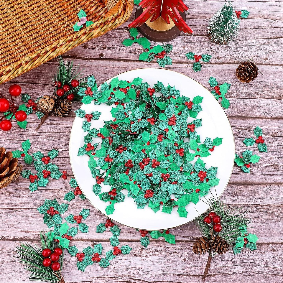 50PCS Christmas Mini Holly & Berry Leaves Embellishments DIY Craft ...