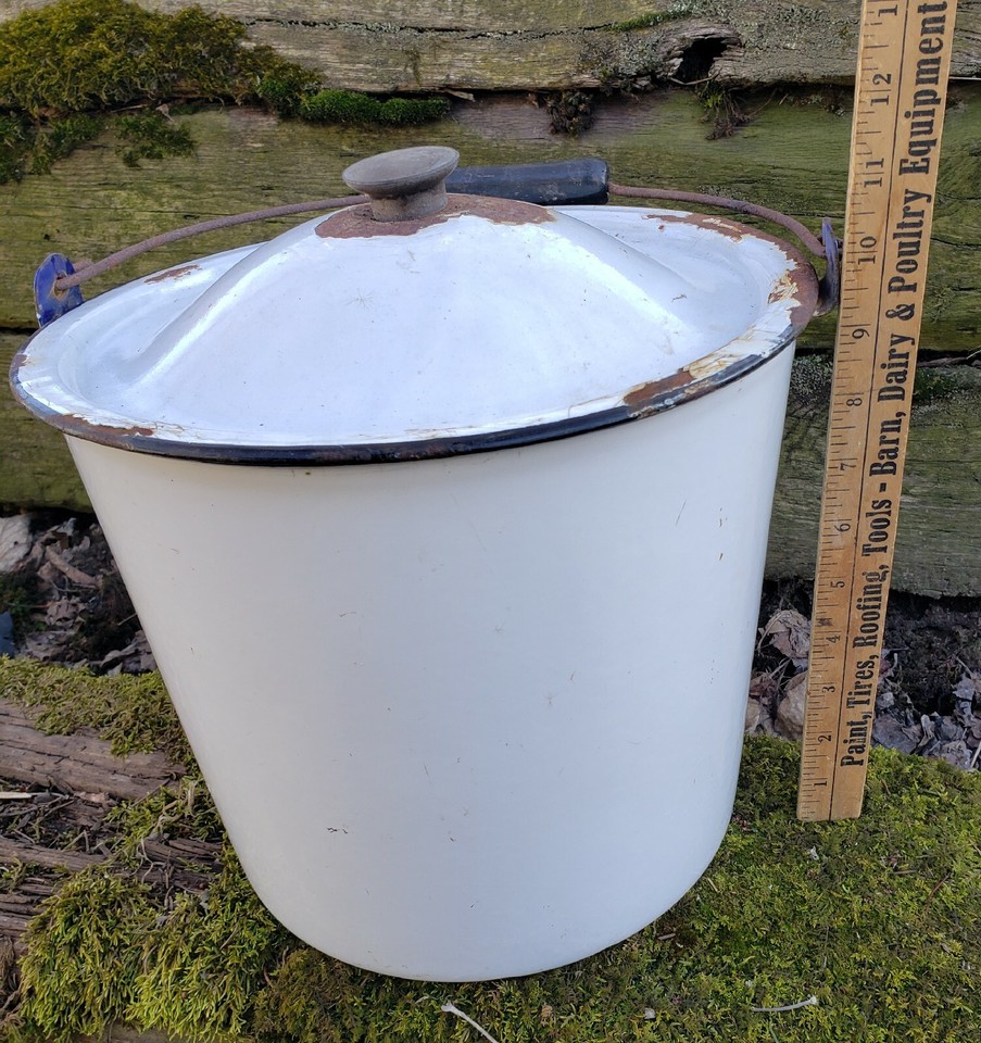 Rustic Vintage Enamelware White Enamel Porcelain Bucket Pot Farmhouse ...