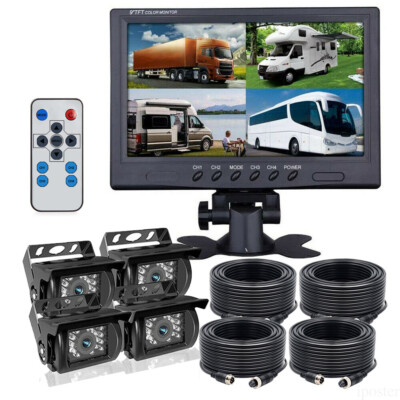 9" Quad Monitor Split Screen 4ch 4PIN CCD Rear View Backup Camera 12 ...