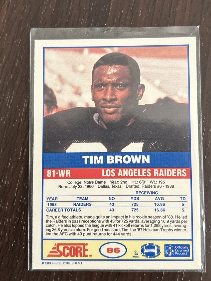1989 Score - #86 Tim Brown Rookie Card Raiders HoF | eBay