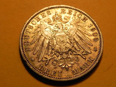 Germany 1909 A SILVER 3 Mark -XF ** HIGH Grade Friedrich II States Coin ...