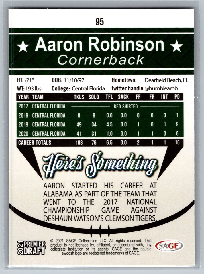 2021 SAGE Premier Draft Football #95 Aaron Robinson RC UCF Knights | eBay