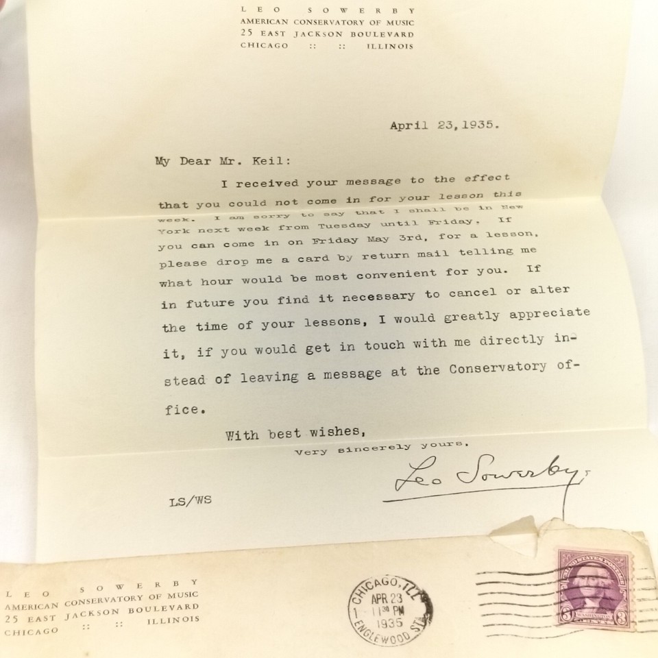 Leo Sowerby Signed Letter 1935 American Conservatory Music Pulitzer ...