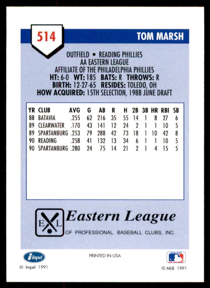 1991 Line Drive AA #514 Tom Marsh Reading Phillies | eBay